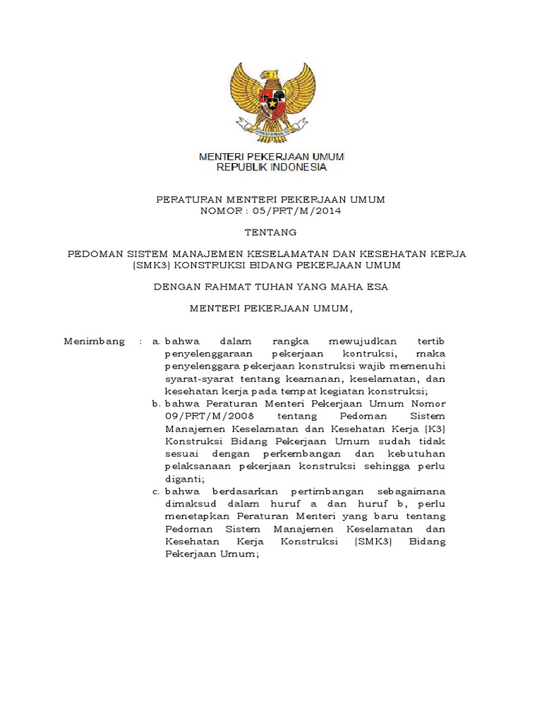 Permen PU No. 5 Tahun 2014 Tentang Pedoman SMK3 Konstruksi Bidang Pekerjaan Umum | PDF ...