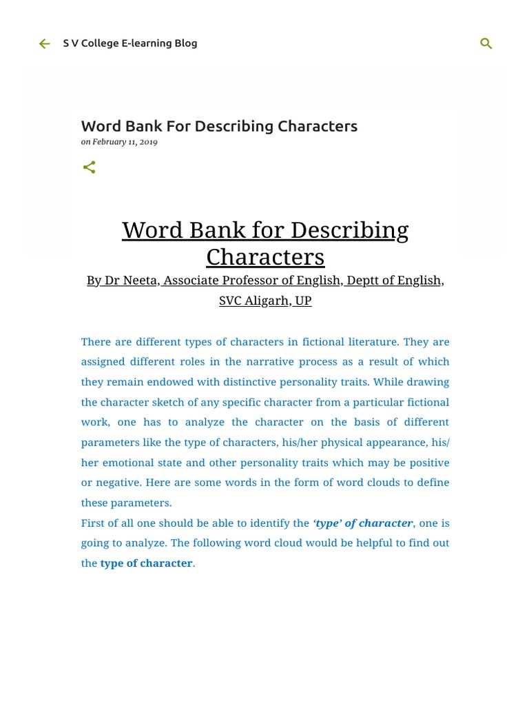 Word Bank For Describing Characters | PDF
