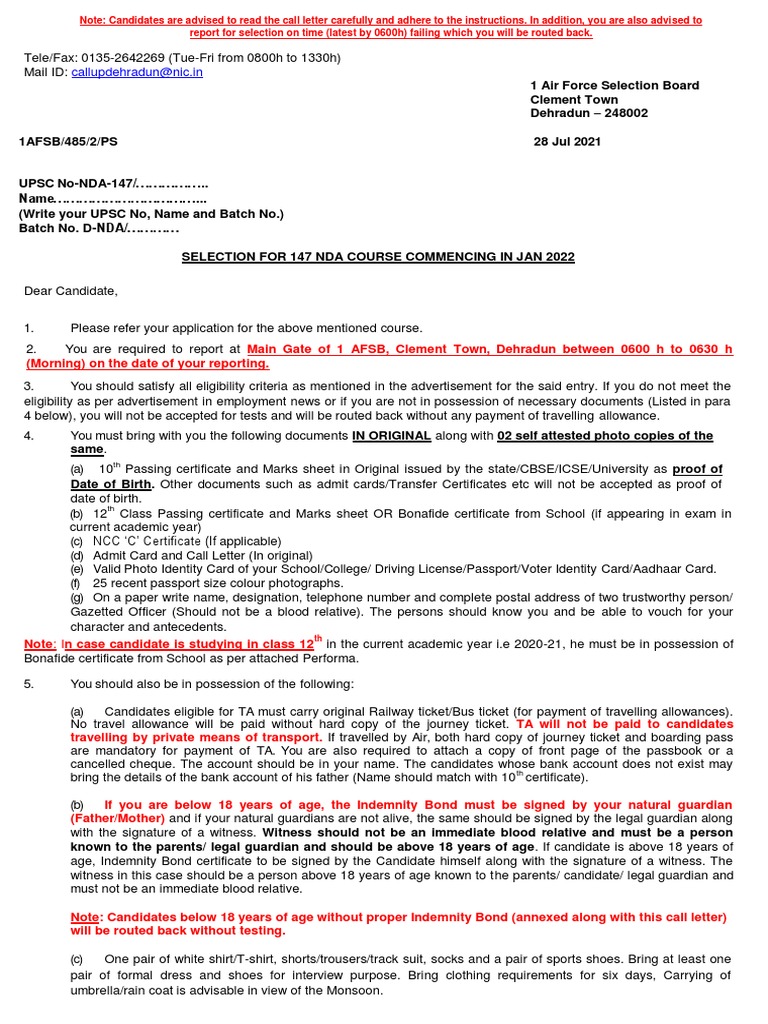 NDA 147 Call Letter Instructions | PDF | Identity Document | Glasses