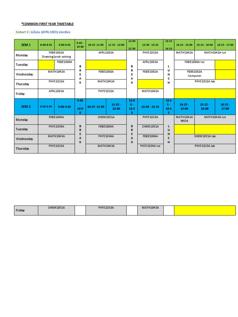 Isizulu (Afrl1003) Elective: Common First Year Timetable | PDF