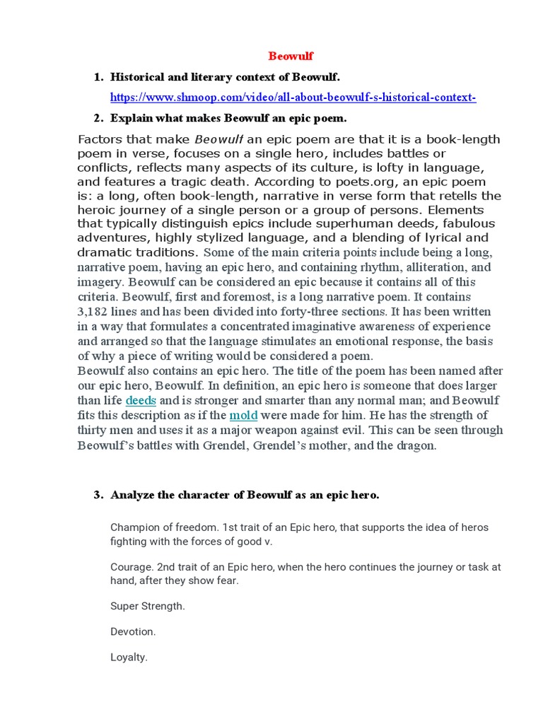 Beowulf: Epic Poem Analysis and Themes | PDF | Beowulf | Hero