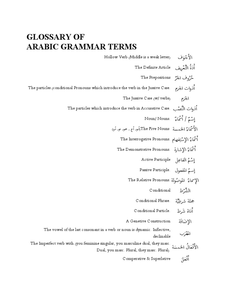 Glossary of Arabic Grammar Terms | PDF | Verb | Grammatical Gender