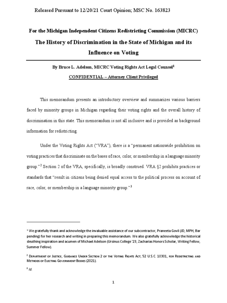 Redistricting Legal Memo: "The History of Discrimination in The State ...