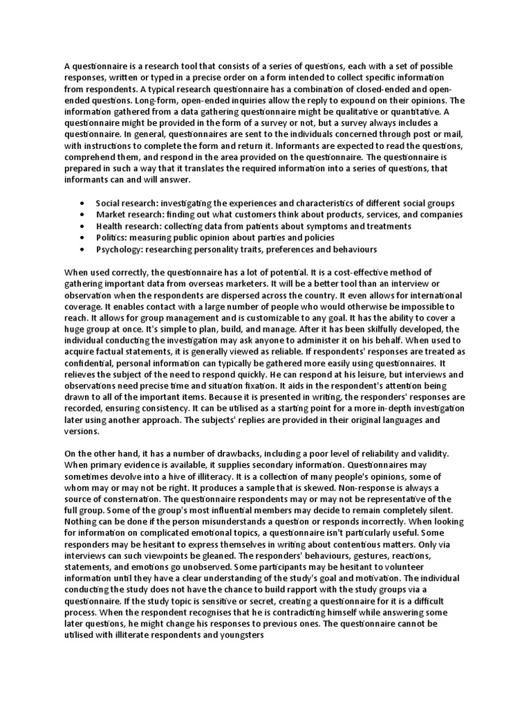 Questionnaire As A Research Tool | PDF | Questionnaire | Survey Methodology