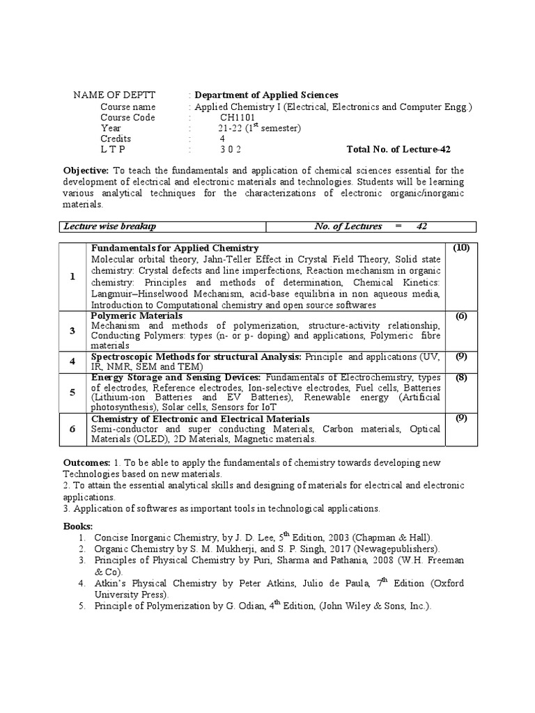 Applied Chemistry I - Syllabus and Class Handout | PDF | Chemistry ...