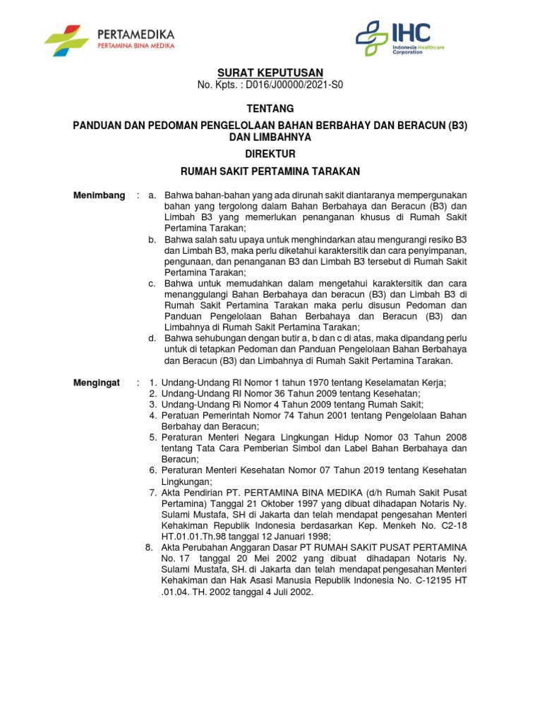 SK Pemberlakuan Panduan Pengelolaan b3 Dan Limbahnya | PDF