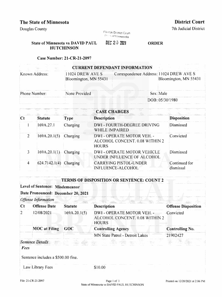 Hennepin County Sheriff Dave Hutchinson Sentencing Order | PDF ...