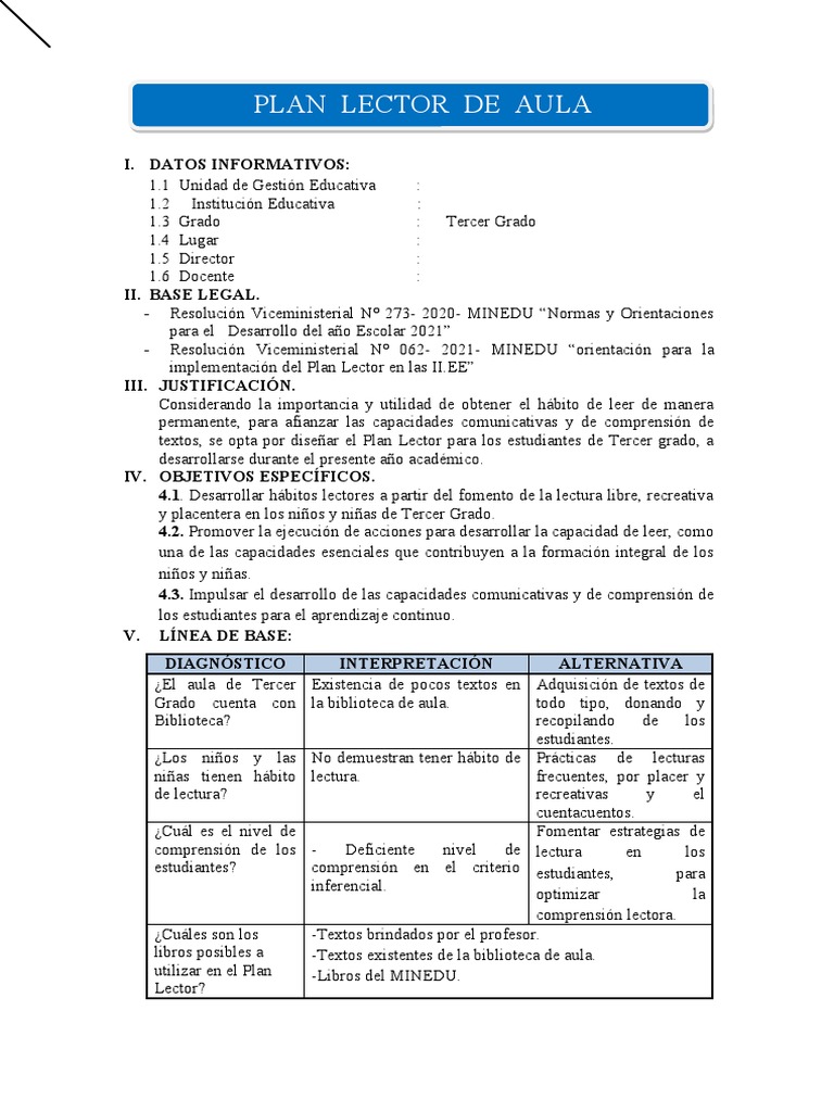 3° - Plan Lector | PDF | Salón de clases | Comprensión lectora