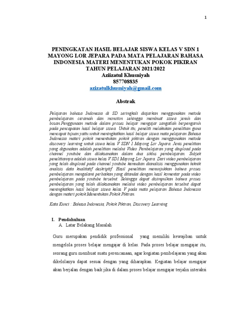 Peningkatan Hasil Belajar Siswa Kelas V SDN 1 Mayong Lor Jepara Pada ...