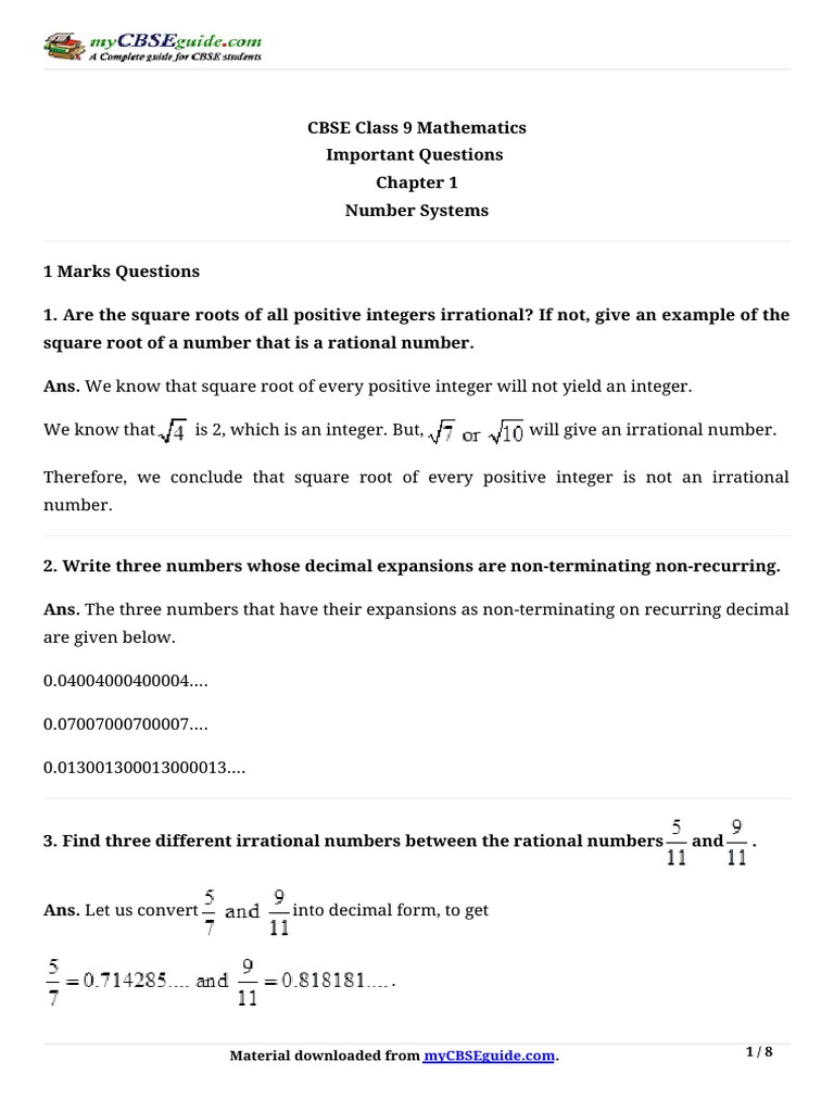 Chapter - 1 MATHS (1 Marks Questions) | PDF | Numbers | Rational Number