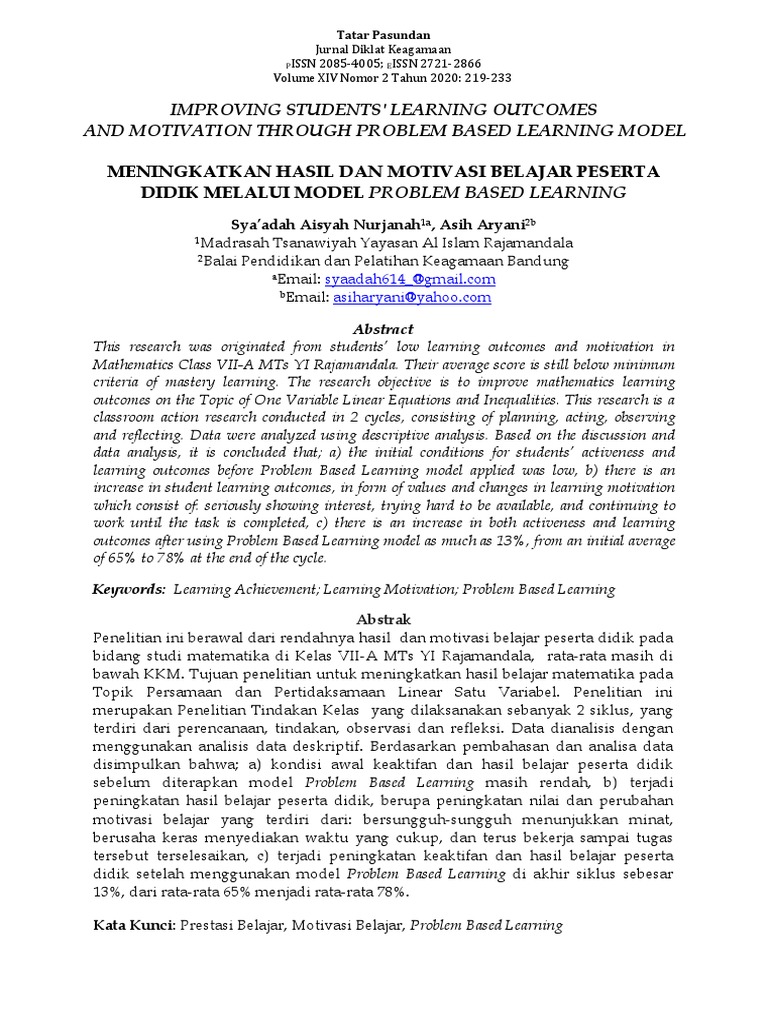 Meningkatkan Hasil Dan Motivasi Belajar Peserta Didik Melalui Model Problem Based Learning | PDF ...