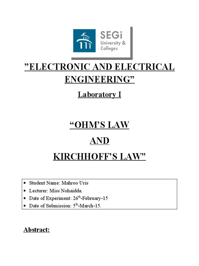 Ohms Law and Kirchhoffs Law Lab Report | PDF | Electrical Network ...