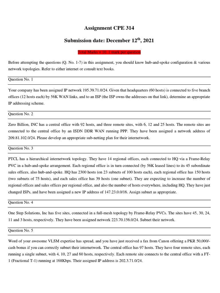 Cpe314 Subnetting Assignment Pdf Ip Address Computer Network 7206