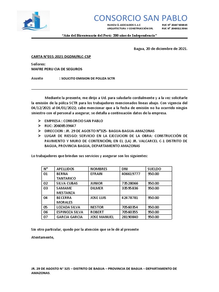 Carta N°15 - Solicitud SCTR | PDF