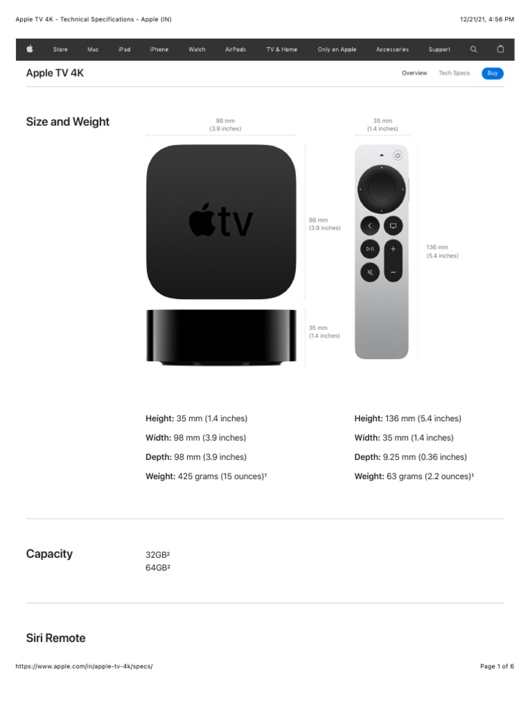Apple TV 4K - Technical Specifications - Apple (IN) | PDF | Apple Inc ...