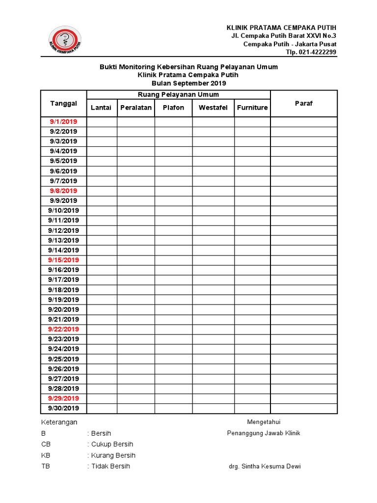 Jadwal Monitoring Kebersihan Ruangan | PDF