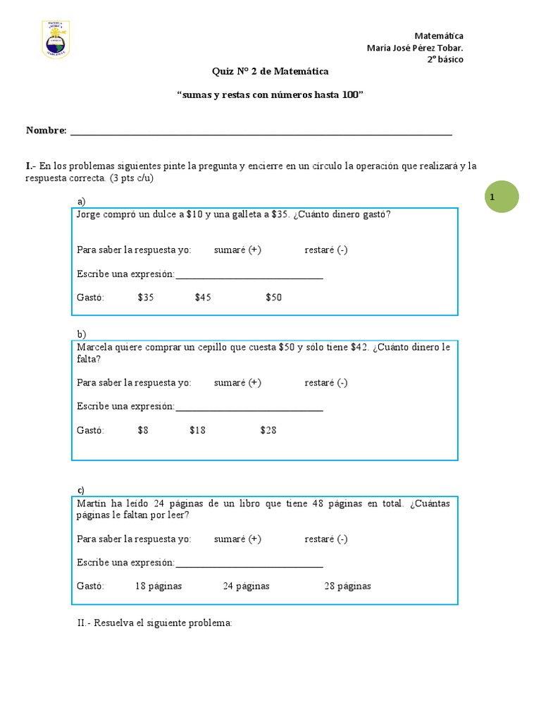 Quiz de Sumas y Restas para 2° Básico | PDF