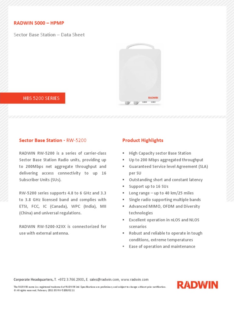 Sector Base Station - Data Sheet: Radwin 5000 - HPMP | PDF | Duplex (Telecommunications ...