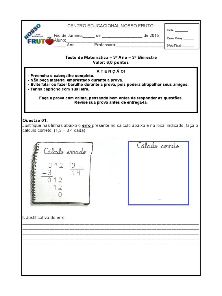 Teste de Matemática 3º Ano 3º Bimestre | PDF | Matemática