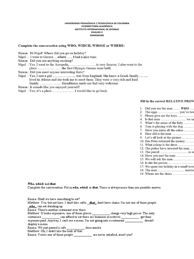 Homework - Relative Clauses | PDF