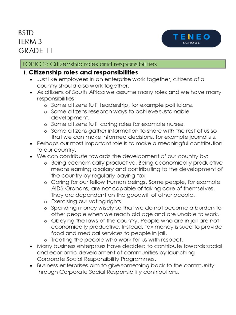 BSTD Term 3 Grade 11: Citizenship Roles and Responsibilities | PDF ...