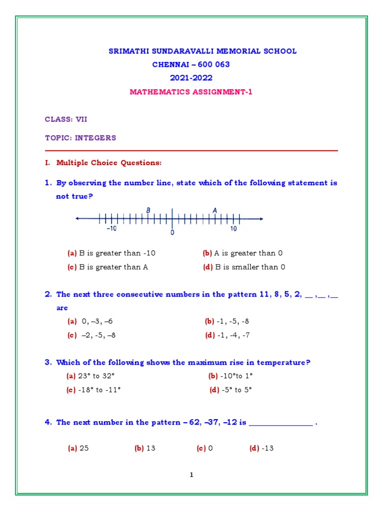 Class: Vii Topic: Integers: Mathematics Assignment-1 | PDF | Numbers ...