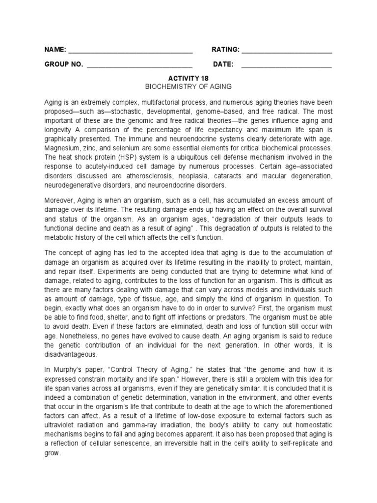 2021 Biochem Activity 18 Biochemistry of Aging | PDF | Ageing | Organisms