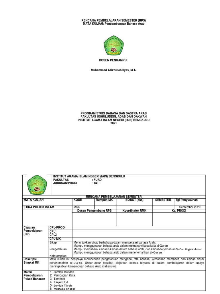 RPS Pengembangan Bahasa Arab | PDF