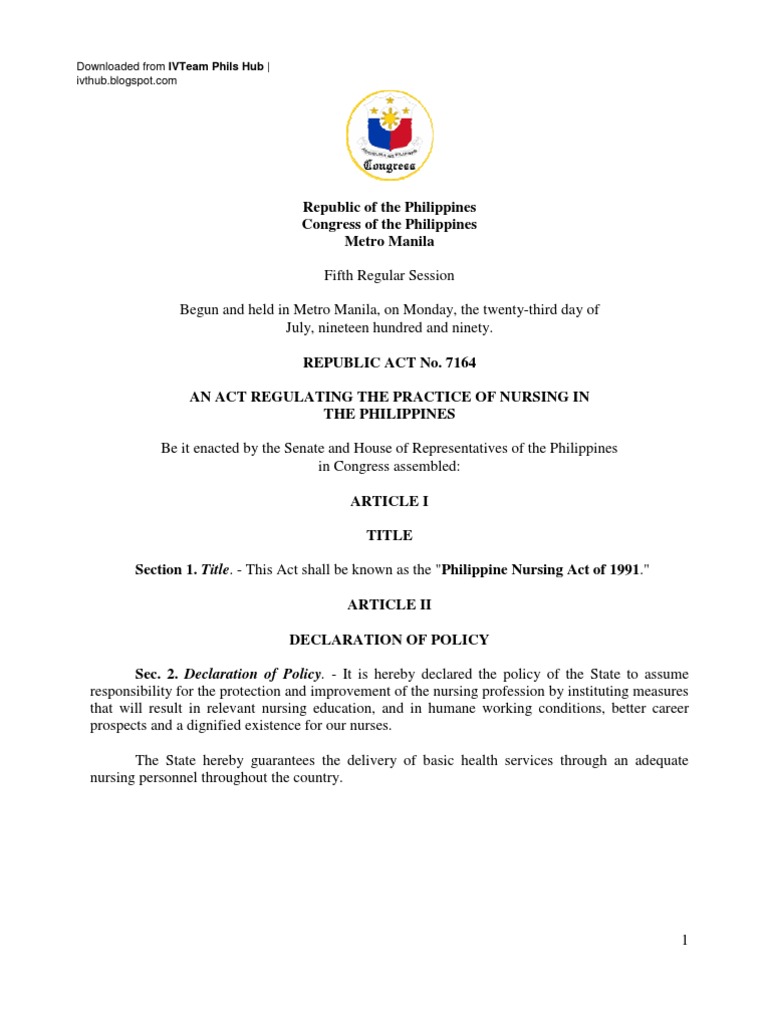 RA 7164 Philippine Nursing Act of 1991 | PDF | Licensure | Nursing