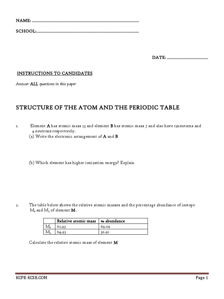 Structure of The Atom and The Periodic Table Q | PDF | Chemical ...