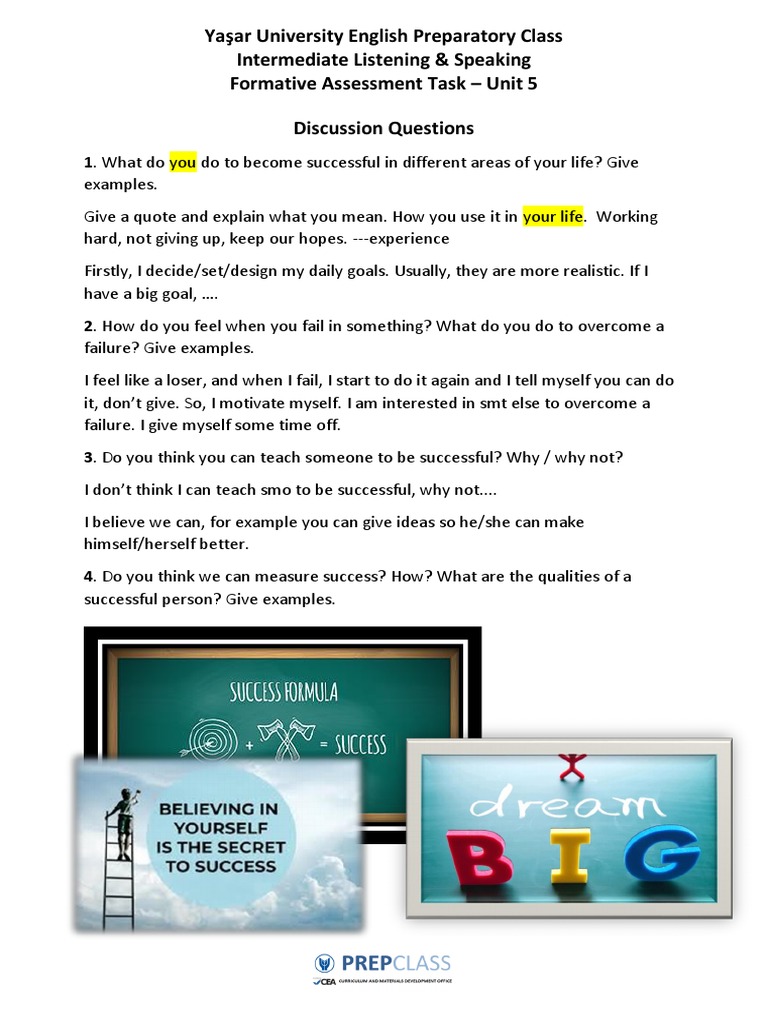 Yaşar University English Preparatory Class Intermediate Listening & Speaking Formative ...