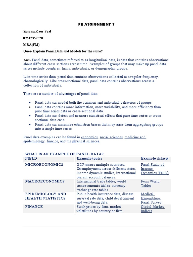 Simran Kaur Syal 02612359520 Mba (FM) Ques-Explain Panel Data and Models For The Same? | PDF ...