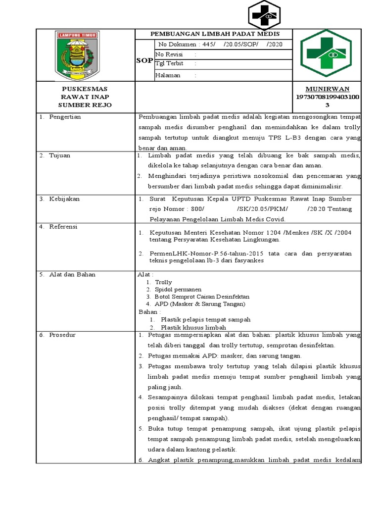 SPO Pembuangan L-B3 Dari Ruangan Ke TPS LB3 2020 | PDF