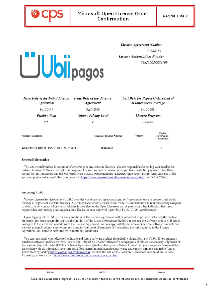Microsoft Open License Order Confirmation MIcrosoft Windows Server 2019 ...