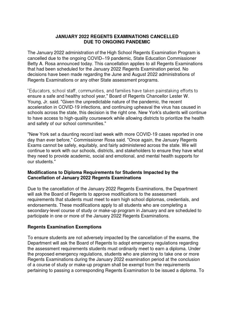 NYSED Release On Regents Exam | PDF | High School Diploma | Health Sciences
