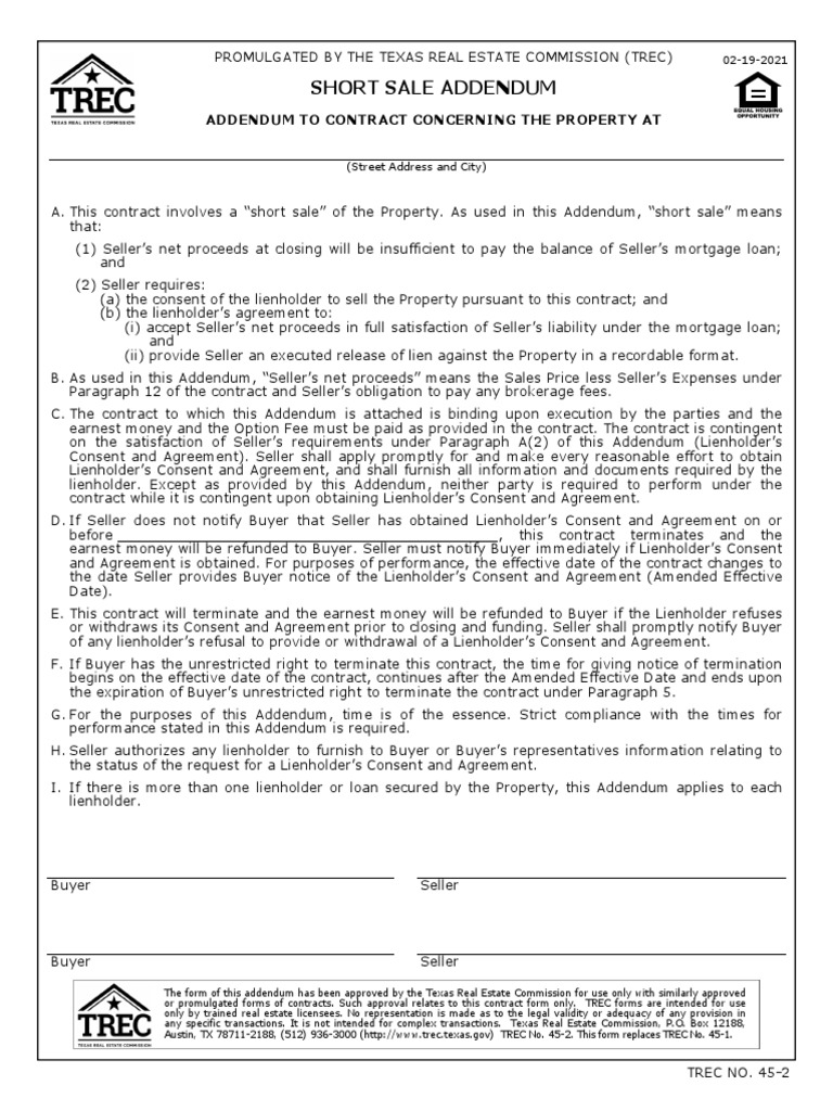 Short Sale Addendum: Addendum To Contract Concerning The Property at ...