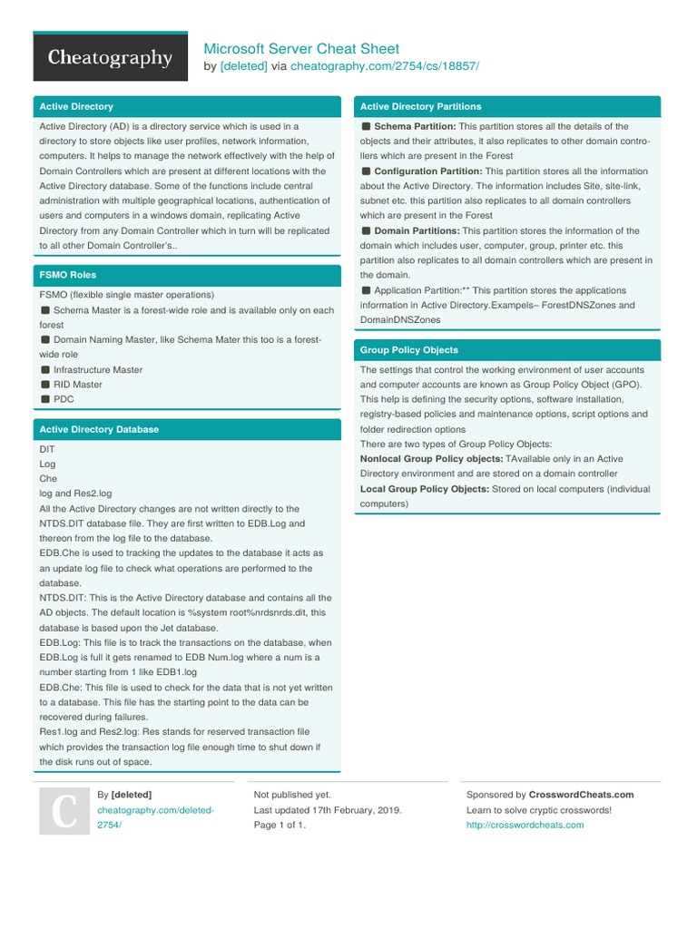 Microsoft Server Cheat Sheet: By Via | Pdf | Active Directory 