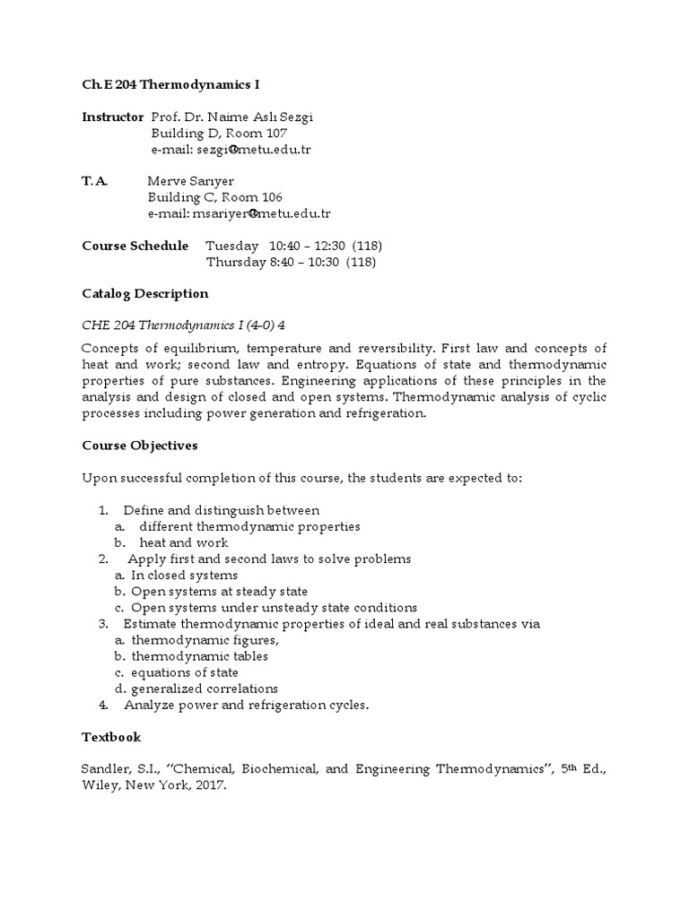 Syllabus Spring 20181CHE204 | PDF | Thermodynamics | Second Law Of ...