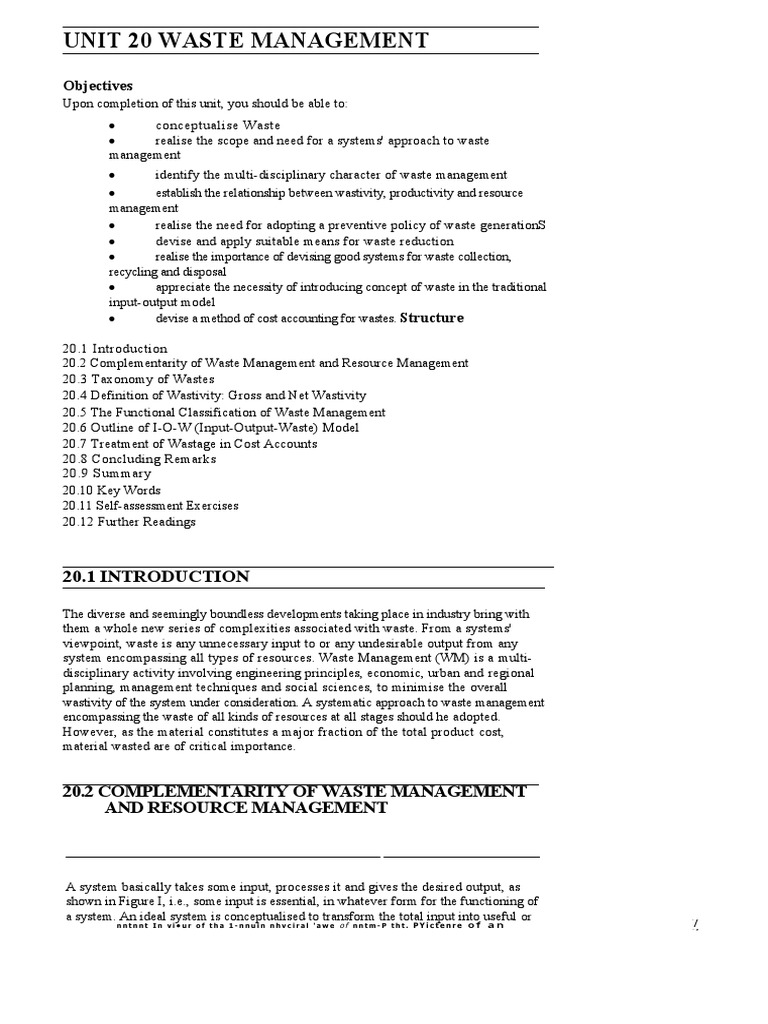 Unit 20 Waste Management: Objectives | PDF | Waste Management | Waste