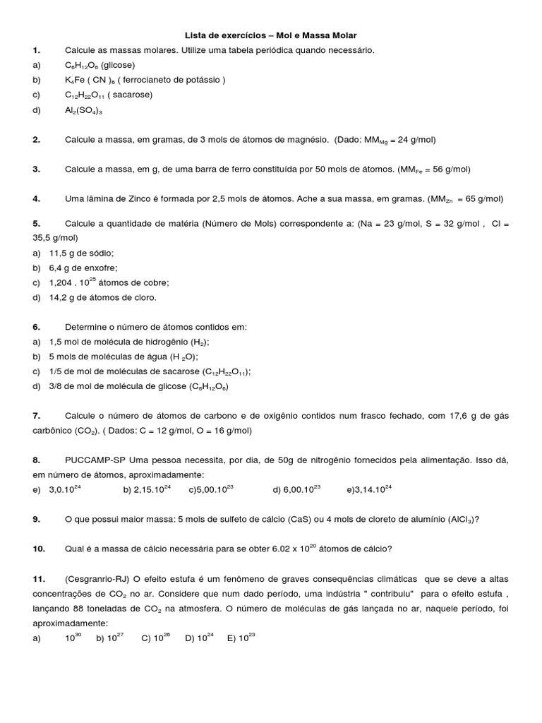 Lista de Exercicios - Mol e Massa Molar | Download grátis PDF | Mol ... Lista de Exercicios - Mol e Massa Molar | Download grátis PDF | Mol ...
