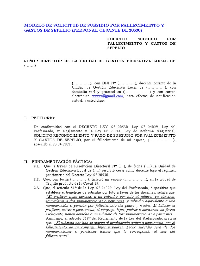 Modelo de Solicitud de Subsidio Por Fallecimeinto y Gastos de Sepelio y ...