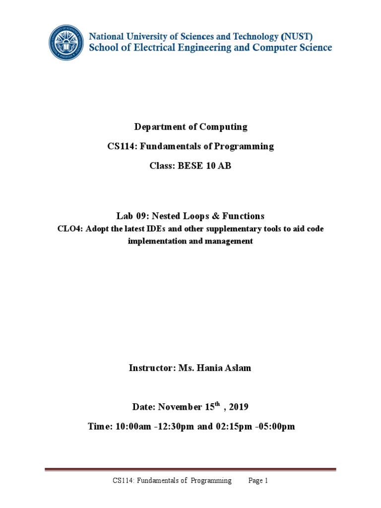 Lab - 09 - Nested Loops Functions - BESE-10 | PDF | Parameter (Computer Programming) | Subroutine