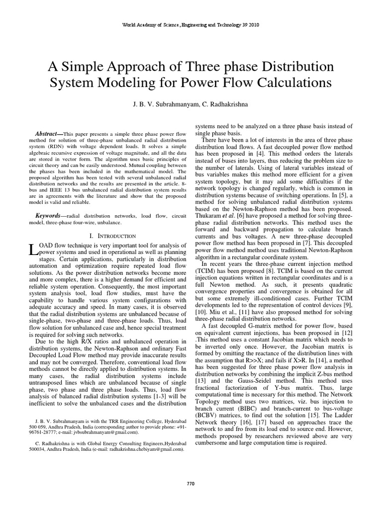 A Simple Approach of Three Phase Distribution System Modeling For Power Flow Calculations | PDF ...