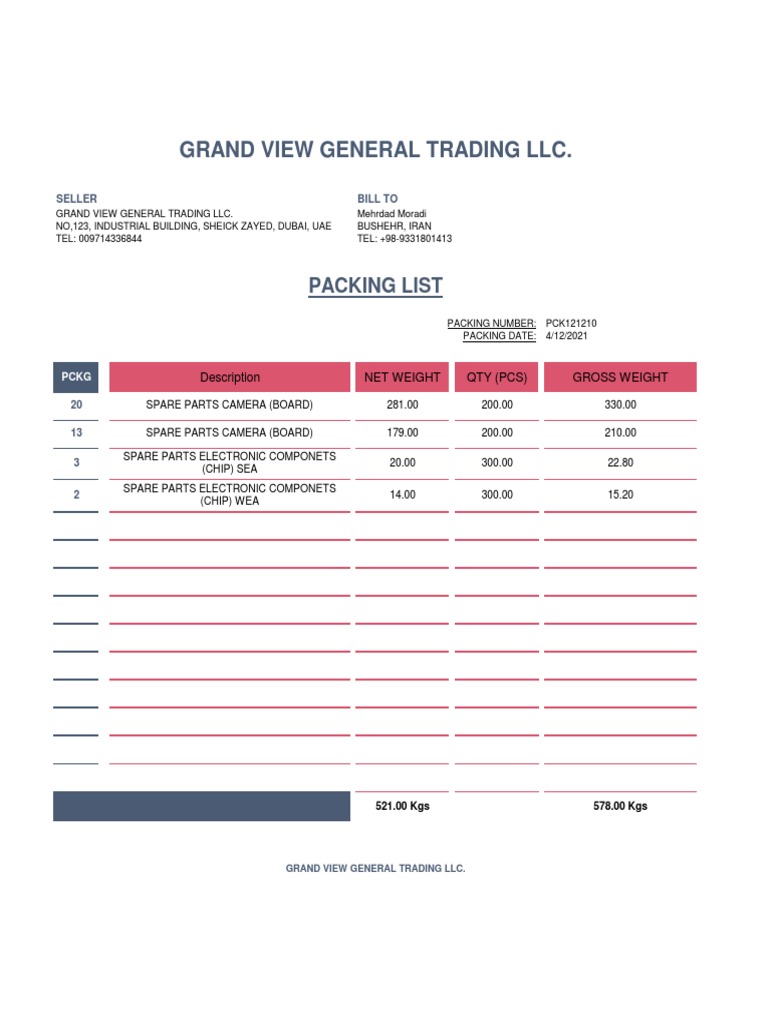 Grand View General Trading LLC.: Packing List | PDF