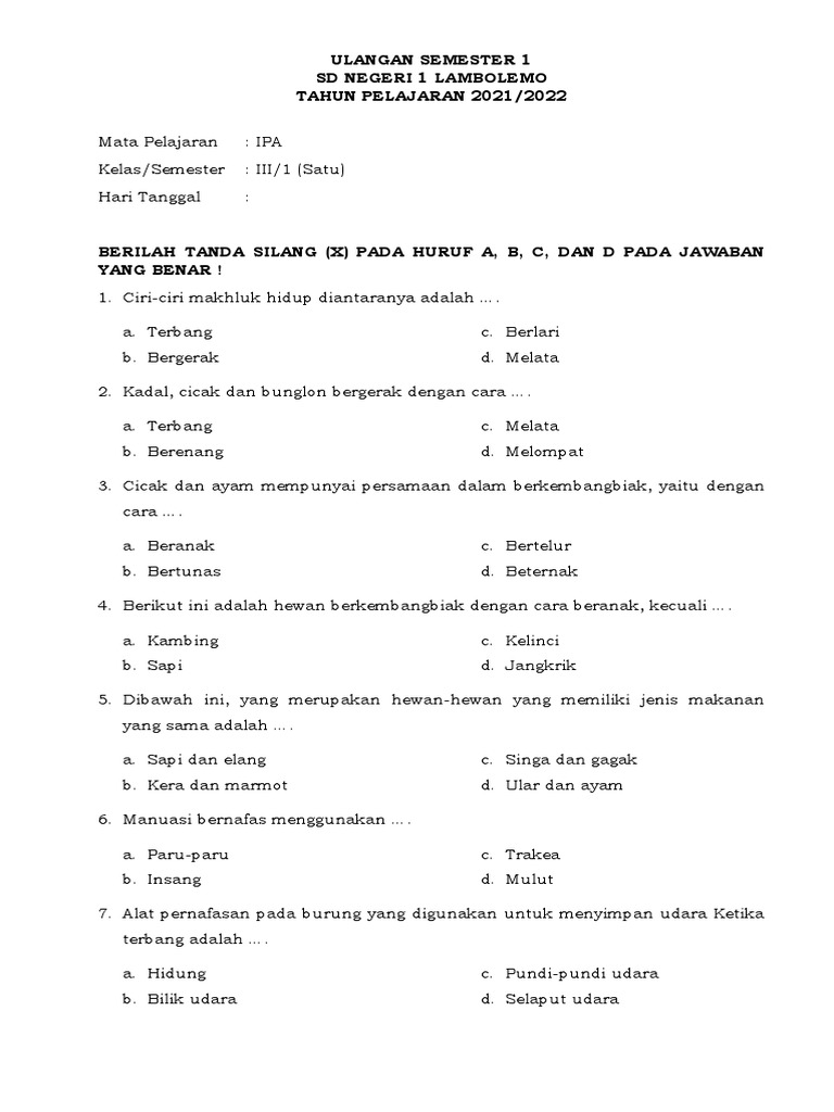 Ulangan Semester 1 IPA dan PPKN Kelas 3 | PDF | Seni & Disiplin Bahasa ...