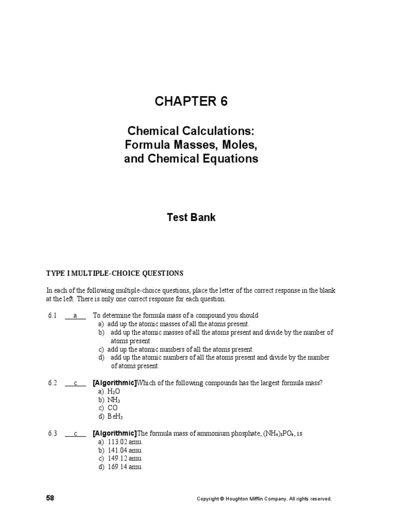 Chemical Calculations: Formula Masses, Moles, and Chemical Equations ...