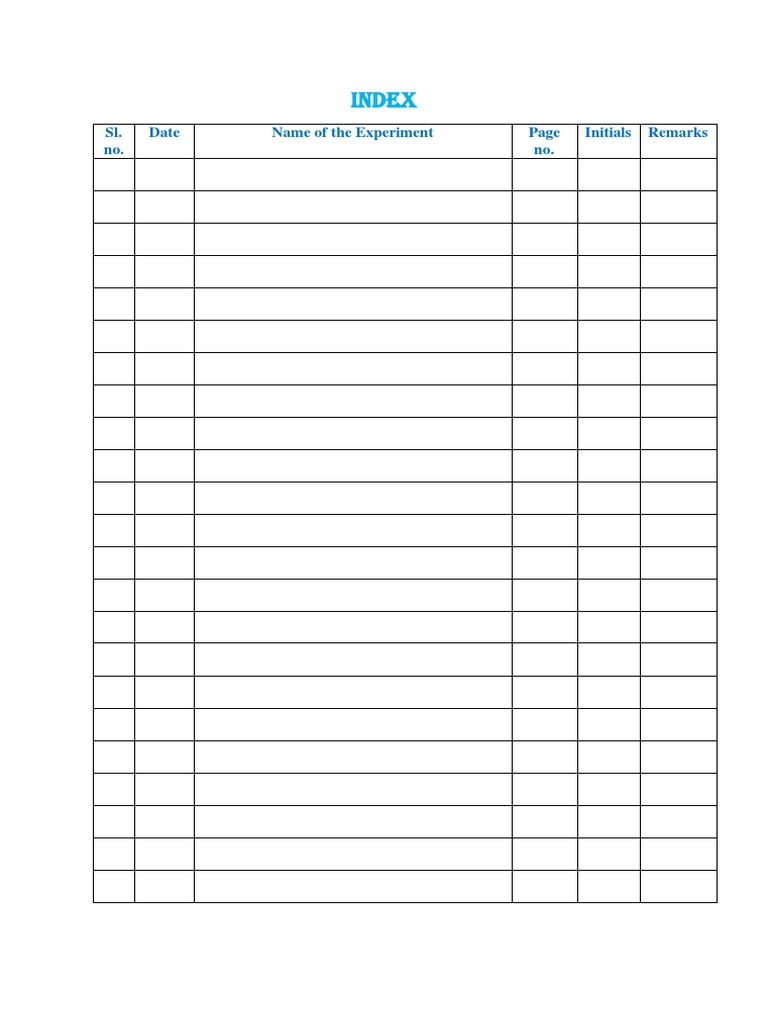 Index: Sl. No. Date Name of The Experiment No. Initials Remarks | PDF