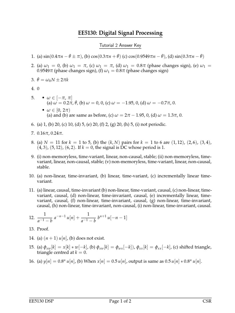 Tutorial2 Answer Key | PDF | Systems Theory | Electrical Engineering