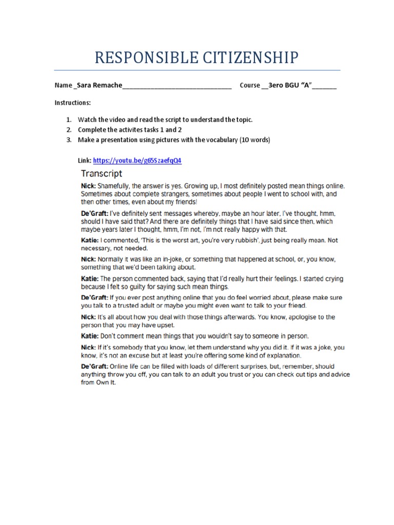 Responsible Citizenship: Sara Remache 3ero BGU "A | PDF | Career ...