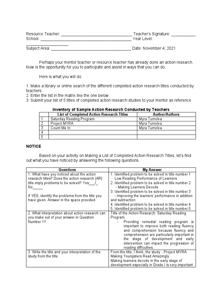 Inventory of Sample Action Research Conducted by Teachers | PDF ...